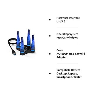 WAVLINK USB3.0 WiFi Adapter, AC1900Mbps Wireless Network Adapter for Desktop PC, Dual Band 5GHz+2.4GHz WLAN with 4X 3dBi High Gain Antennas for Windows 11/10/8.1/8/7/Vista/XP,MacOS 10.7-10.15