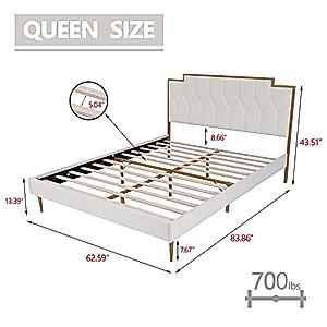 AGARTT Upholstered Platform Queen Size Bed Frame with Headboard Premium Stable Wood Slat Support No Box Spring Required Cream