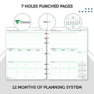 Planner Pad 7 Hole Loose Leaf 3-Tier Funnel Down 12 Month Organizer, July 2023 – June 2024 / Academic Year, Soft Green Ink, 8 1/2" x 11”