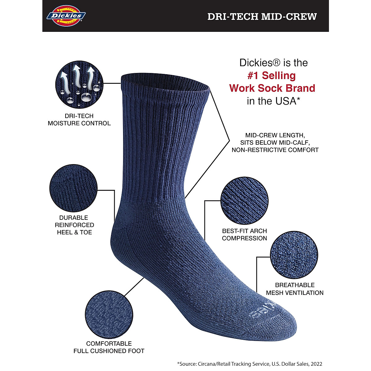 Dickies Mens Dri-tech Moisture Control Comfort Length Mid-crew Socks Comfort Length Navy (12 Pairs) Shoe Size: 6-12