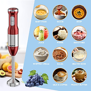 Keylitos 5 in 1 Immersion Hand Blender Mixer, [Upgraded] 1000W Handheld Stick Blender with 600ML Chopper, 800ML Beaker, Whisk and Milk Frother for Smoothie, Baby Food, Sauces Red,Puree, Soup (Red)