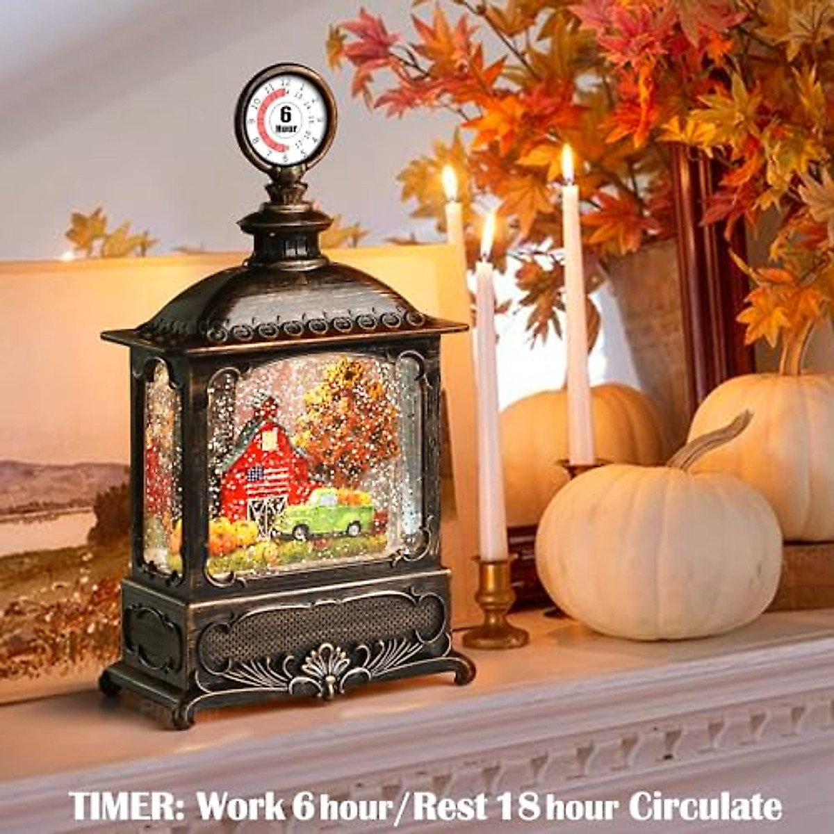 Priddop Fall Snow Globe Lantern - Red Barn Truck Pumpkin Farm Glittering Autumn Harvest Decorations for Home, Thanksgiving