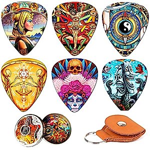THIVENNY Guitar Picks 12 Medium Pack with Leather Picks Holder and Tin Box,Unique Artistic Celluloid Guitar Pick for Bass Electric Guitar Acoustic Guitar Lovers Gift (Mix-6) (1002-1)