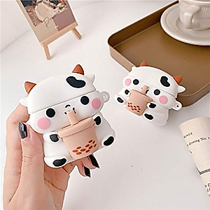 TOU-BEGUIN Case Compatible with Airpods 1 & 2, Cute Milk Tea Cow Animals Design Soft Silicone Shockproof Wireless Earphone Skin Protectortector