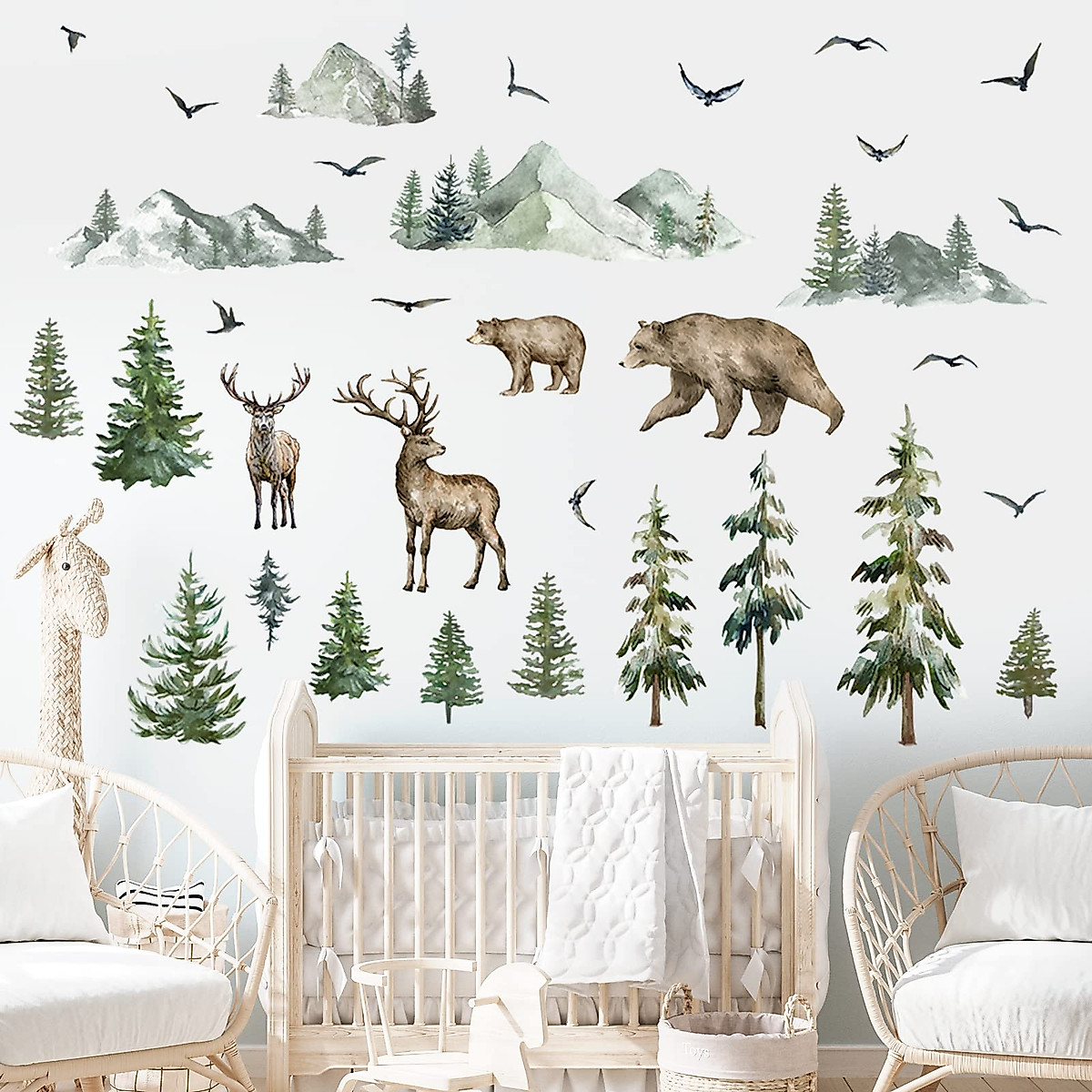 Mountain Wall Decals Large Pine Tree Wall Decals Peel and Stick Forest Tree Deer Birds Animal Wall Decals Mountain Tree Wall Stickers for Kids Room Nursery Decor