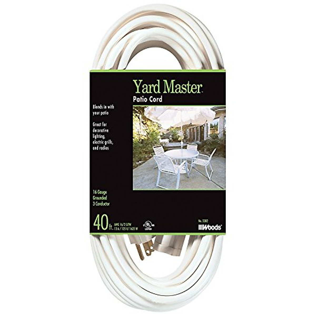Yard Master 992382 White Patio 40-Foot; 3-Pronged; 16 Gauge Extension Cord; 13 AMPS; 125 Volts; 1625 Watts; Ideal for Use with Outdoor Appliances; Decorative Lights and Holiday Displays