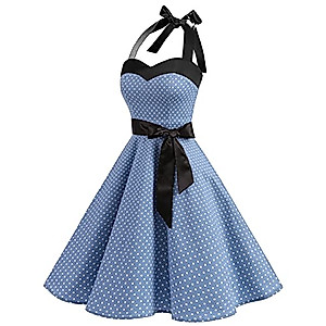 DRESSTELLS Women Vintage 1950s Cocktail Polka Dot Dress, 50s 60s Retro Pinup Formal Wedding Party Halter Rockabilly Swing Dress Blue Small White Dot S