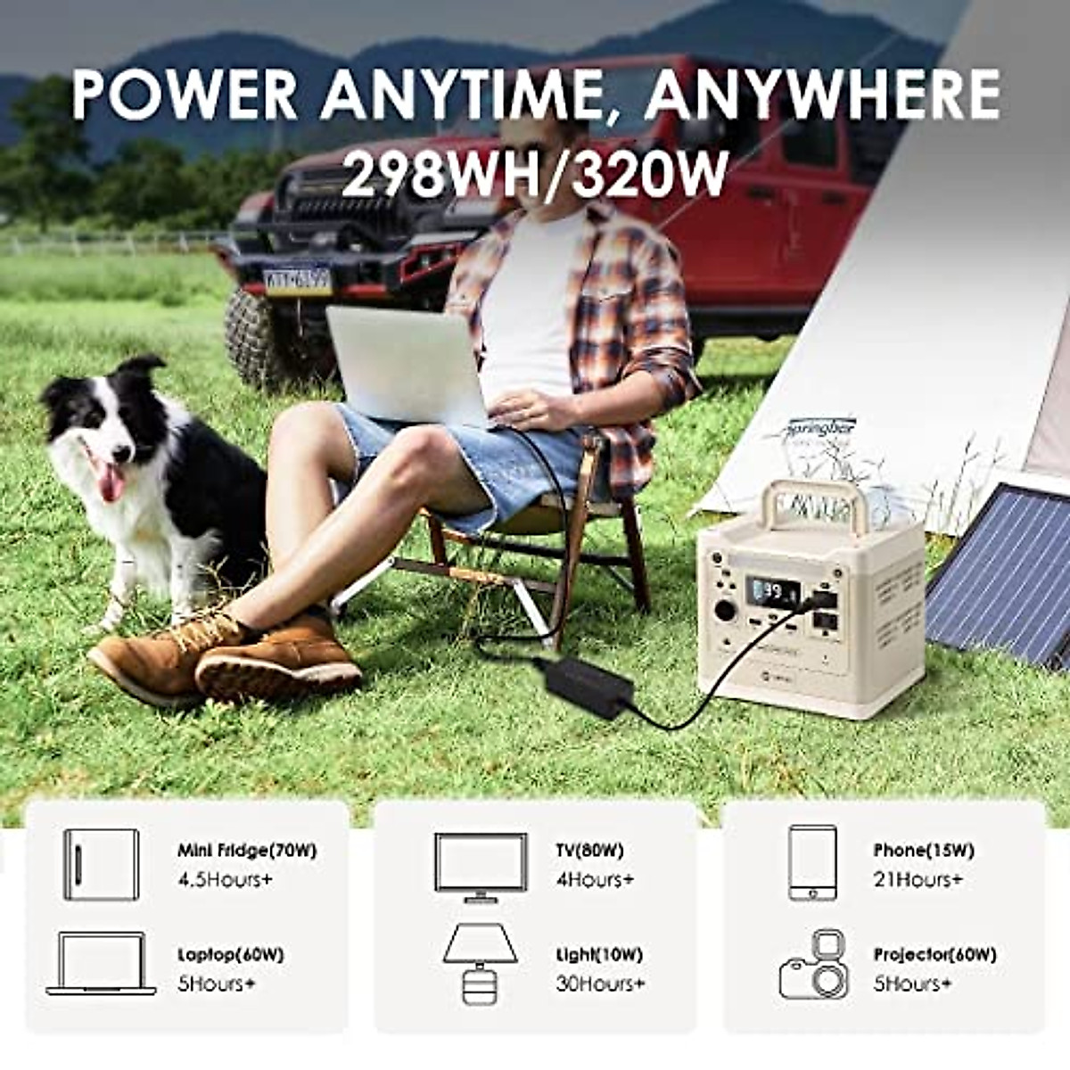 RAINBOW Portable Power Station 320W, 298Wh Backup LiFePO4 Battery, 2 x 110V/320W(Peak 640W) AC Outlets, Solar Generator for Outdoor Camping, Quick Charge for Home, Hiking