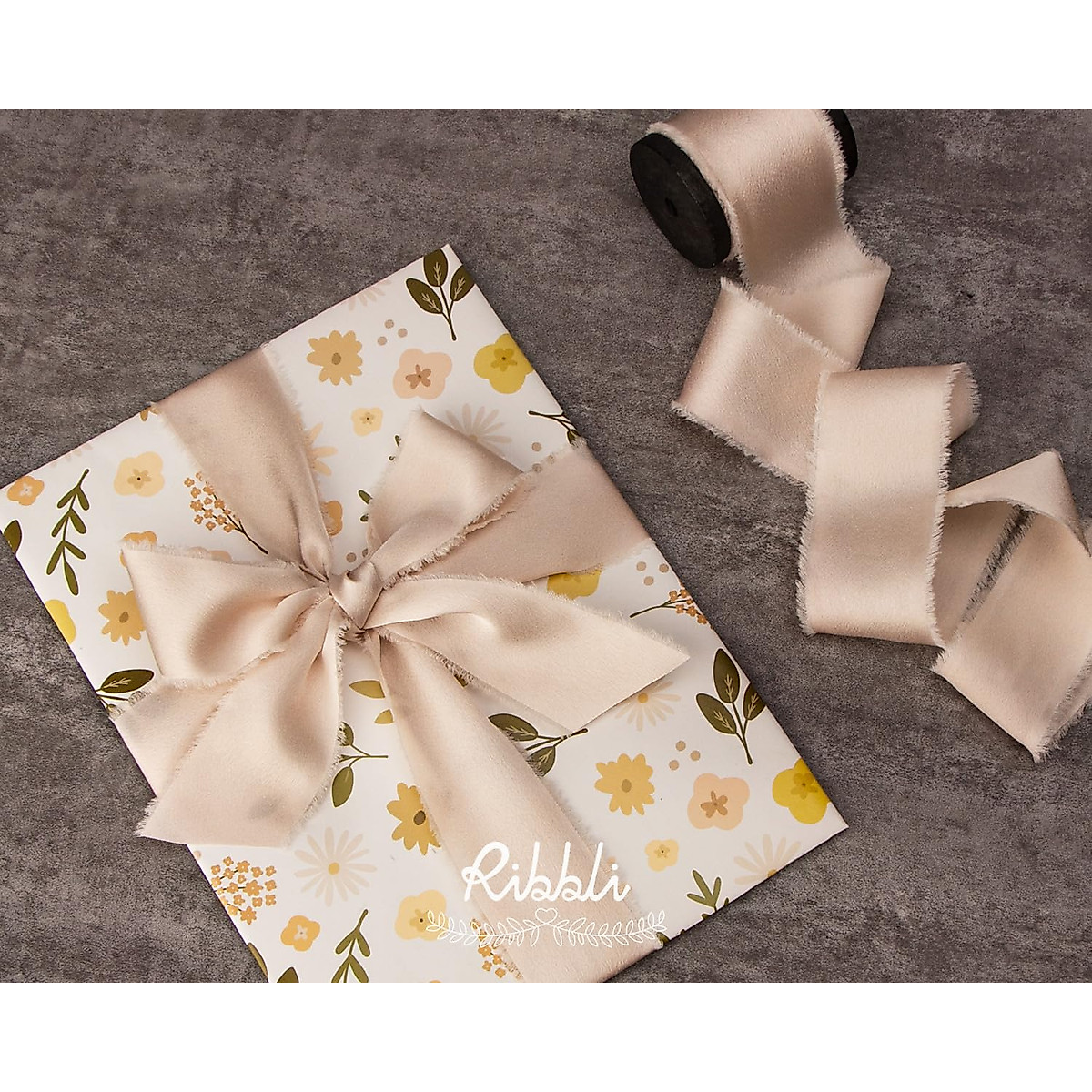 Ribbli Light Champagne Silk Satin Ribbon 1.5 Inch x 30 Yard Handmade Frayed Chiffon Champagne Ribbon for Gift Wrapping Wedding Invitations Bridal Bouquets Home Decor