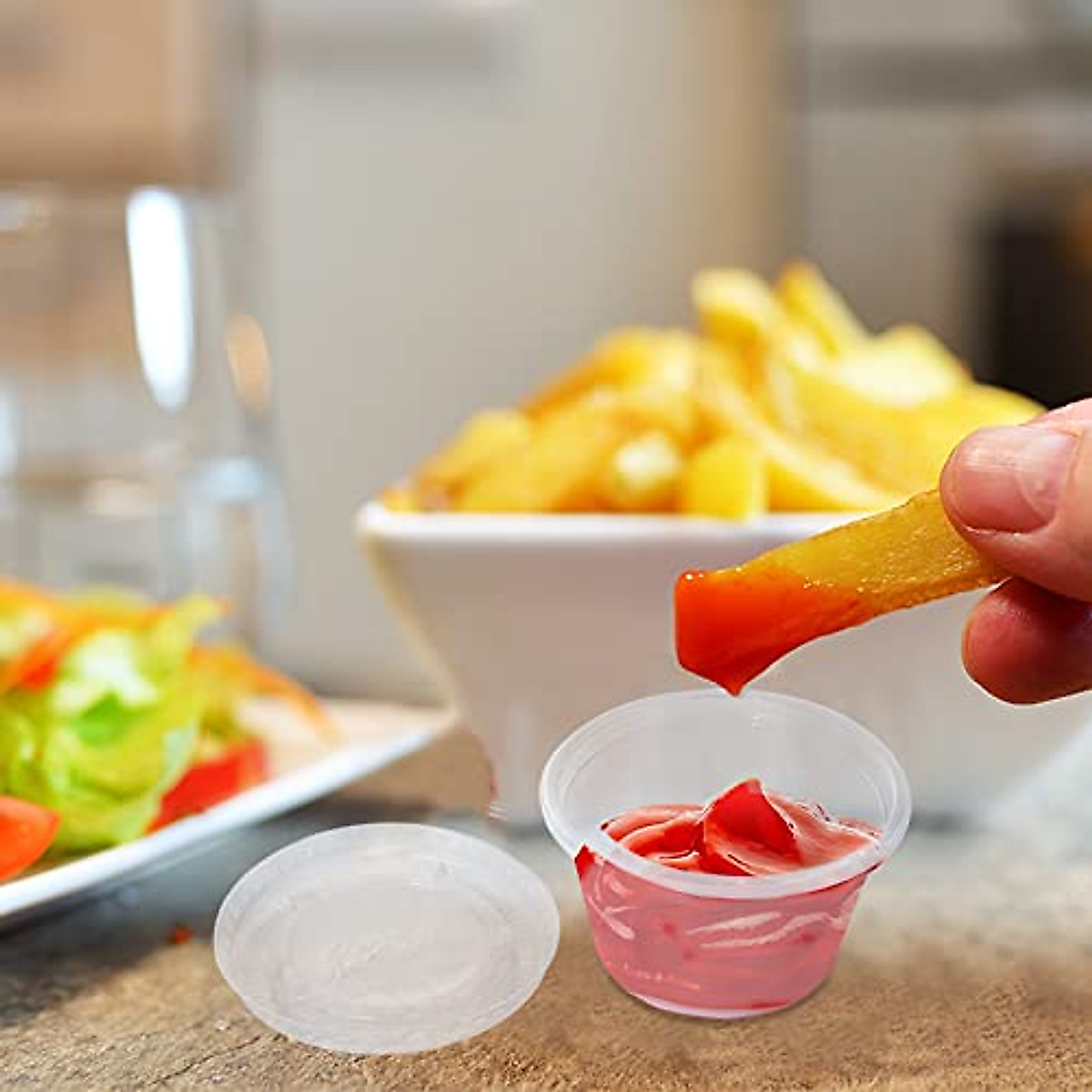 FHDUSRYO 75 Sets 2oz Clear Plastic Portion Cups with Lids, Jelly Shot Cups Sauce Cups, Small Souffle Cups Condiment Container for Meal Prep, Salad Dressing, Portion Control, Food Dips, Slime (2oz)