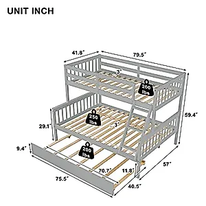 Unovivy Twin Over Full Bunk Bed with Trundle, Bunk Beds Twin Over Full Size with Guardrails and Ladder, Suitable for Kids, Teens, No Box Spring Needed, Gray