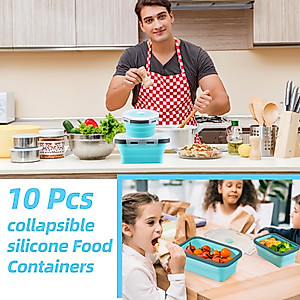 GEMLORD 10 Pieces Collapsible Food Storage Containers Foldable Silicone Lunch Containers with Airtight Lids, 5 Pcs Rectangle and 5 Pcs Round Food Bowls for Kitchen Microwave Freezer Dishwasher Safe