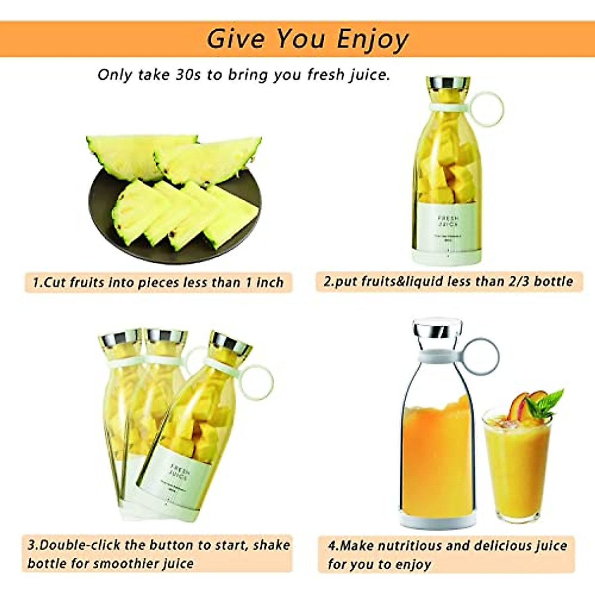 Personal Size Blender, Portable Blender, Battery Powered USB Blender, with Four Blades, Mini Blender Travel Bottle for Juice, Shakes, and Smoothies (White)