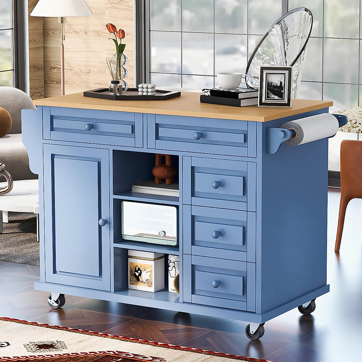 P PURLOVE Kitchen Island Cart with Solid Wood Desktop and Storage Cabinet, Rolling Mobile Kitchen Island Cart with Adjustable Shelves, Spice Rack, Towel Rack, 5 Drawers and Lockable Casters, Blue