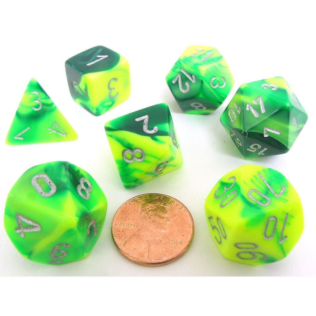 Polyhedral 7-Die Gemini Dice Set - Green-Yellow with Silver
