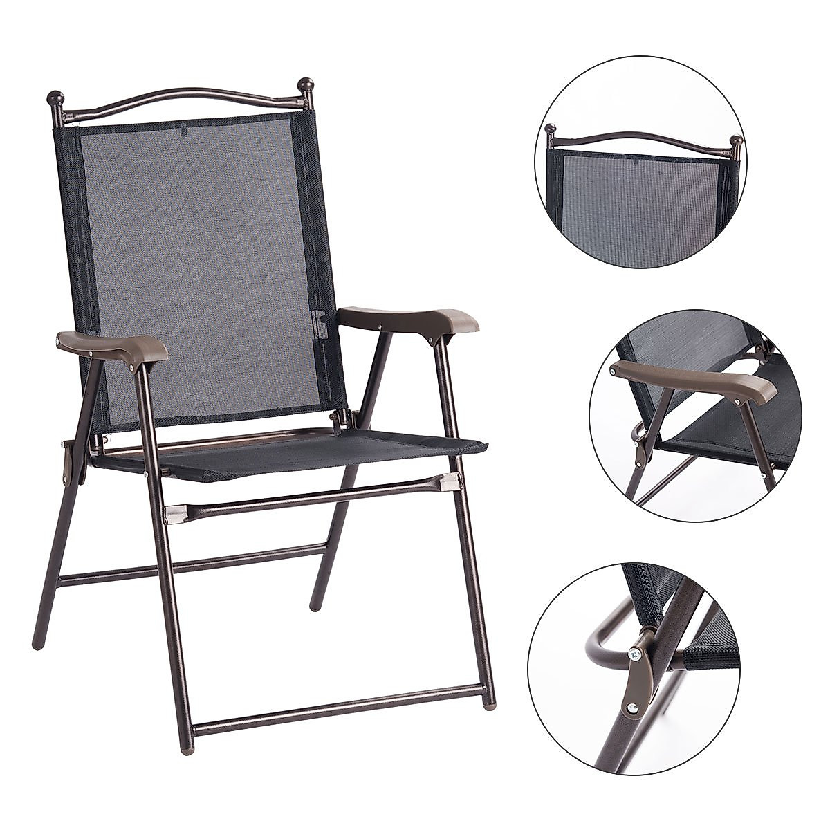 Giantex Set of 2 Patio Folding Chairs, Sling Chairs, Indoor Outdoor Lawn Chairs, Camping Garden Pool Beach Yard Lounge Chairs w/Armrest, Patio Dining Chairs, Metal Frame No Assembly, Black