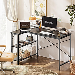 Huuger L Shaped Desk, 47 Inches Computer Desk with Reversible Storage Shelves, Gaming Desk, Corner Desk Home Office Desks, Writing Desk Study Desk with Metal Frame, Black