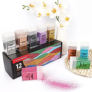 V·COLOKISHI Ultra Fine Glitter, 12 Unique Colors Glitter Set, 42.5g/Bottle, Extra Fine Glitter for Tumbler Slime Epoxy Resin, Body Face Nail Cosmetic Makeup, Painting, Art and Crafts, Total 510g