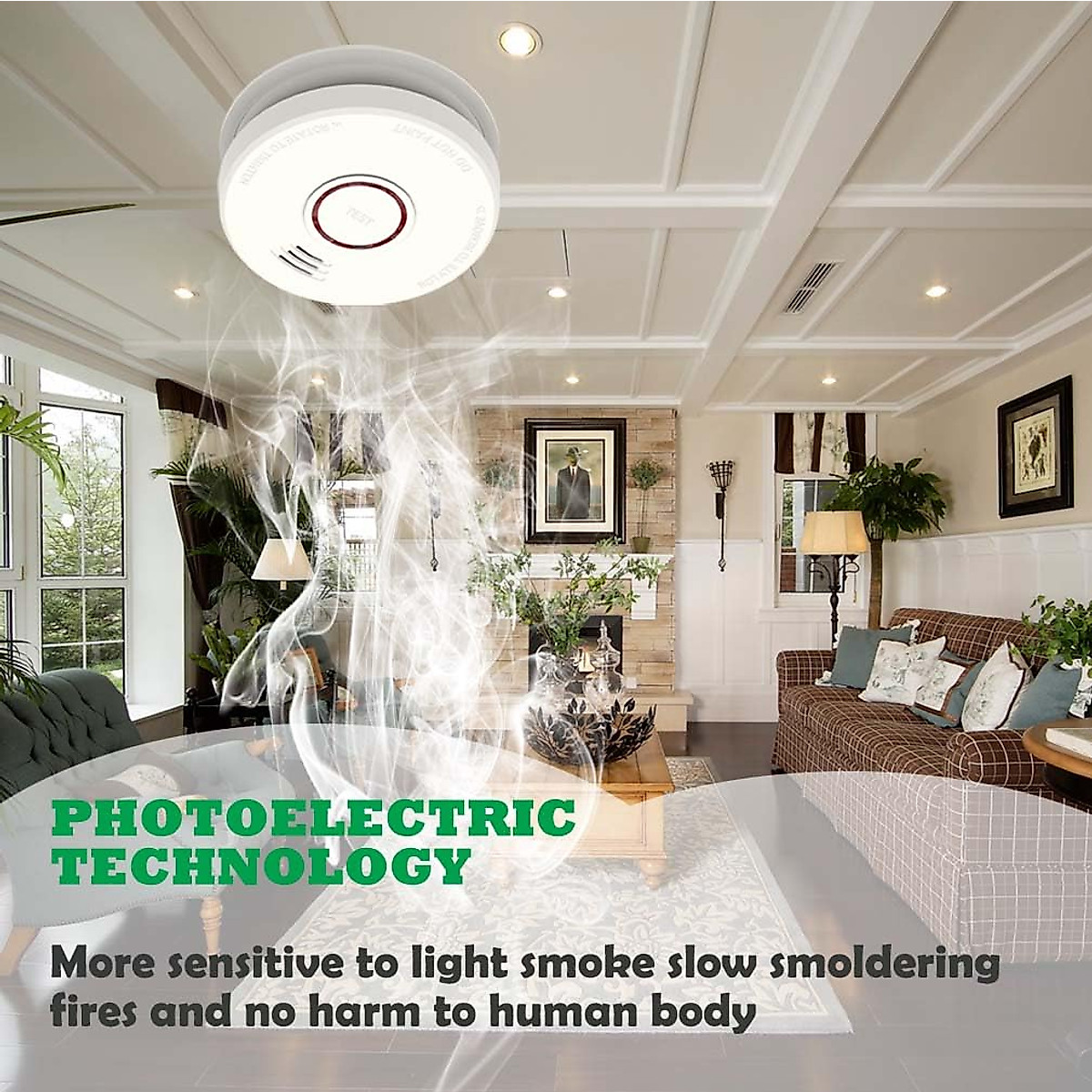 LSHOME 4 Pack Smoke Detector Fire Alarms 9V Battery Operated Photoelectric Sensor Smoke Alarms Easy to Install with Light Sound Warning, Test Button,9V Battery Included Fire Safety For home (GS526A-4)