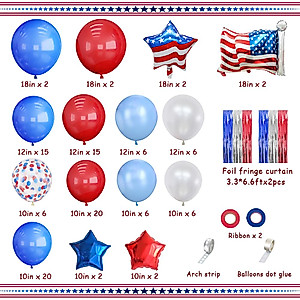 AIBIIN 115pcs Red White and Blue Balloon Arch Kit with Patriotic Theme Foil Fringe Curtain 4Th Of July Decorations Memorial Day Independence Day Graduation Nautical Baseball Party Decorations
