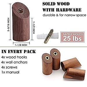 Felidio Wood Wall Hooks, 4 Pack Coat Hooks Wall Mounted Rustic Wooden Hooks Heavy Duty Robe Hook Hat Rack | Hooks for Hanging Bathroom Towels Clothes Hanger (Walnut Wood)