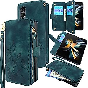 Lacass [Cards Theft Scan Protection 10 Card Slots Zipper Pocket Wallet Case Flip Leather Phone case Cover for Samsung Galaxy Z Fold 4 / z fold4 5G (2022)(Floral Cyan)