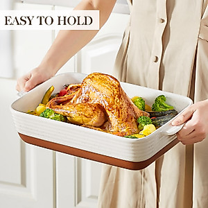 MALACASA 4.8 Quarts Ceramic Baking Dish with Handles, 9 x 13 Inches Casserole Dish, Deep Rectangular Lasagna Pan, Khaki & White Oven Safe Bakeware for Baking, Roasting, Series Tara