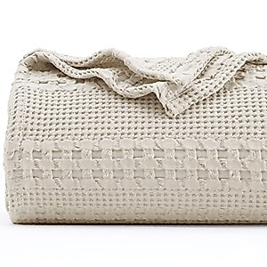 PHF 100% Cotton Waffle Weave Blanket King Size - Washed Soft Lightweight Blanket for All Season - Breathable and Skin-Friendly Blanket for Couch Bed Sofa 108"x90" - Light Khaki/Linen