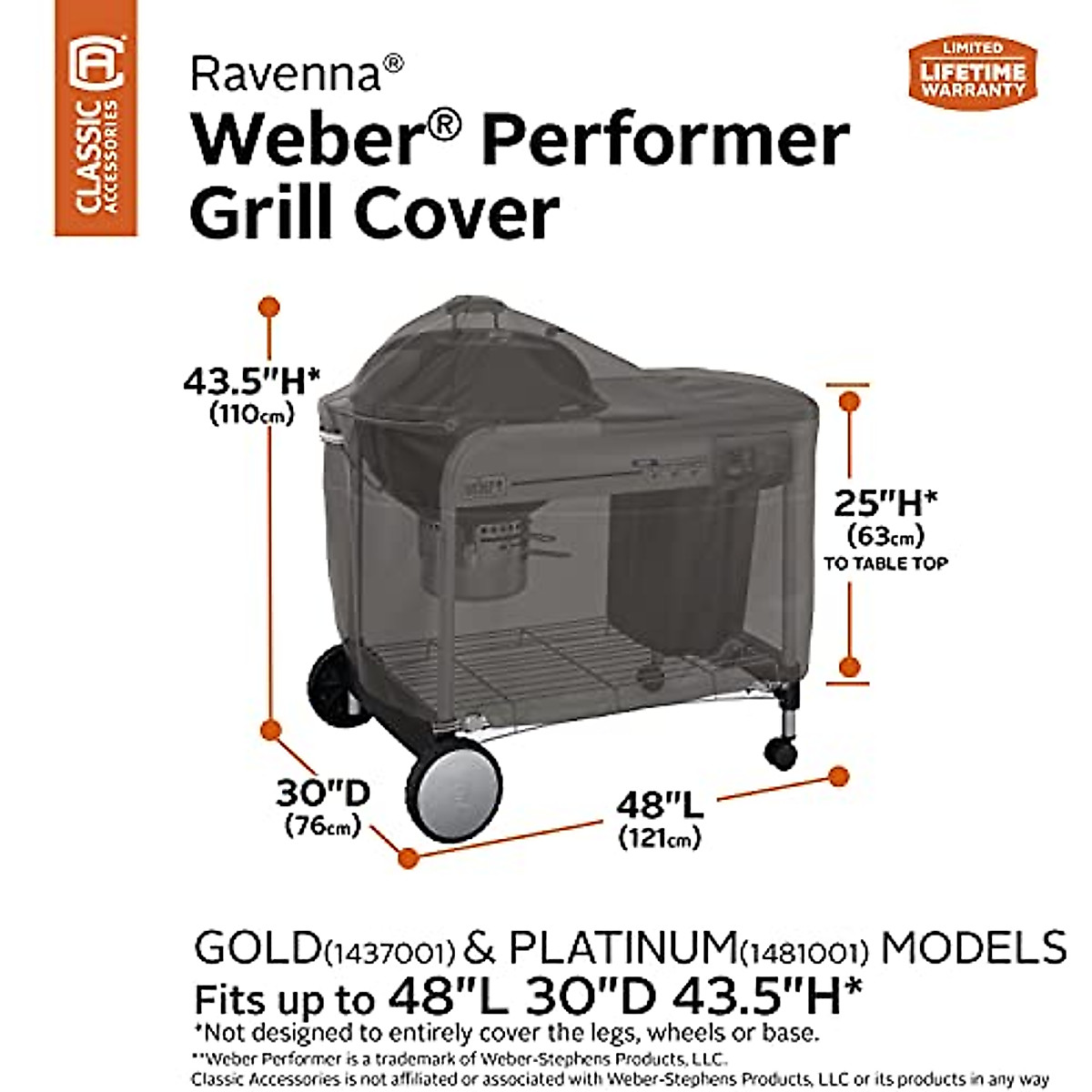 Classic Accessories Ravenna Water-Resistant 48 Inch BBQ Grill Cover for Weber Performer