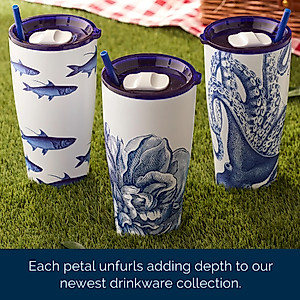 Caskata Peony Stainless Steel Insulated Tumbler | Floral Cup, Lid & Straw Set for Travel, Commuting, & School | Perfect for Birthday, Christmas & Holiday Gifts | Blue on White Color | 30 oz