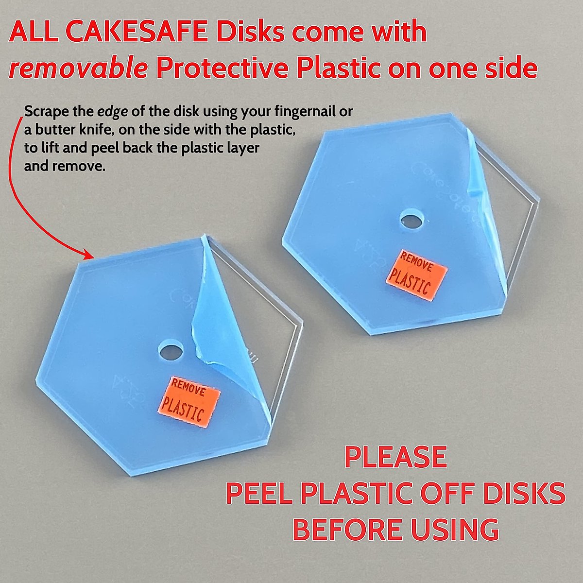 CAKESAFE 10.25 Inch Hexagon Acrylic Disk Set – 2-10.25” Clear ¼” Acrylic Buttercream Disks – Perfect Tool to Smooth the Frosting on Your Cakes, Disk Size and Perimeter Border Engraved on all Disks