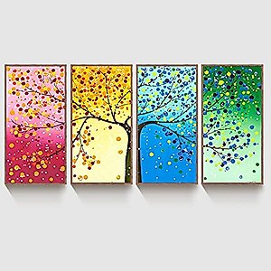 FULL HOUSE Canvas Wall Art 4 Seasons Colorful Trees Framed Canvas Prints Aesthetic Wall Paintings for Living Room Bedroom Office Home Decor, 4 Panels