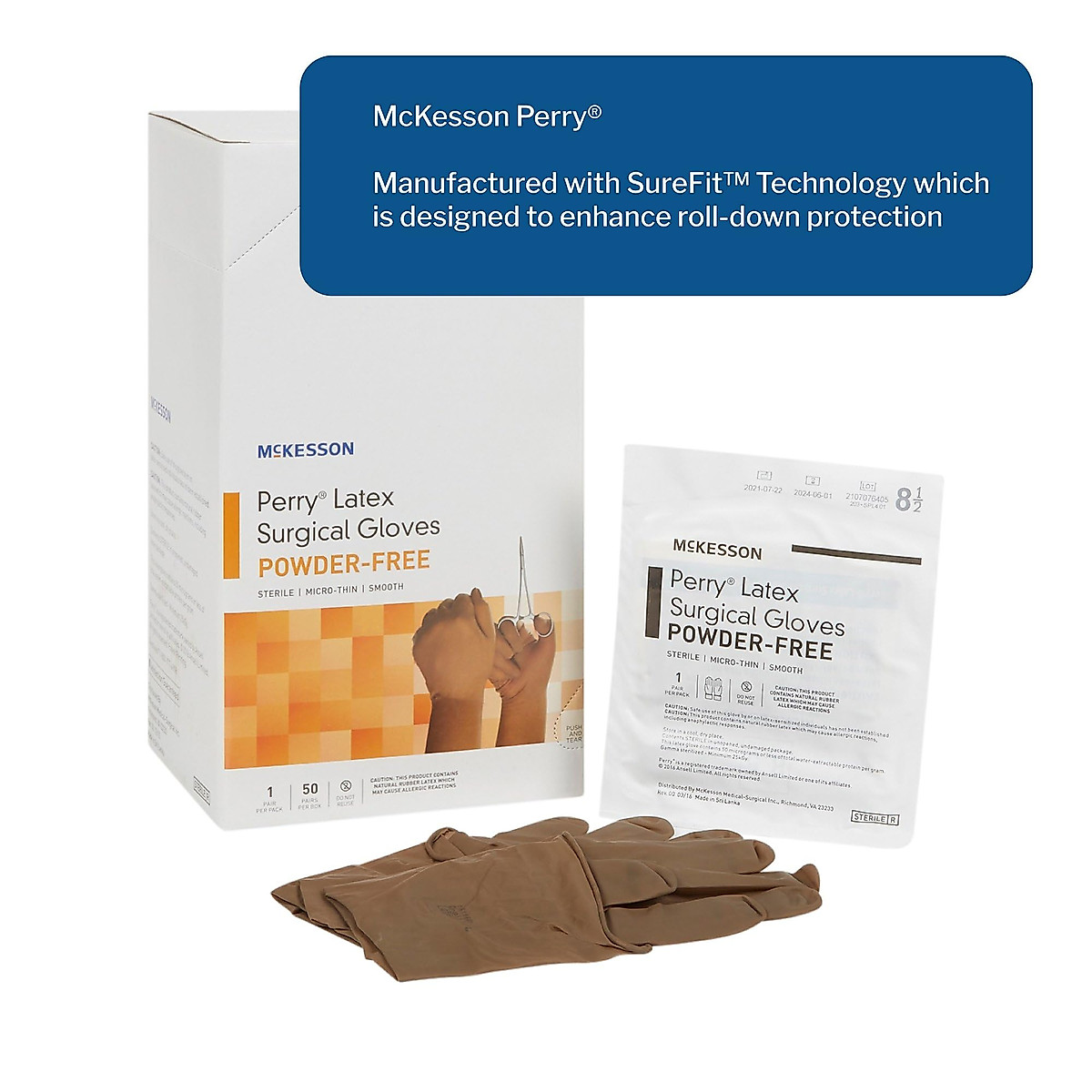 McKesson Perry Latex Surgical Gloves [50 Pairs] Sterile, Disposable, Powder-Free, Professional Medical and Healthcare, Micro-Thin, Size 8.5, Brown