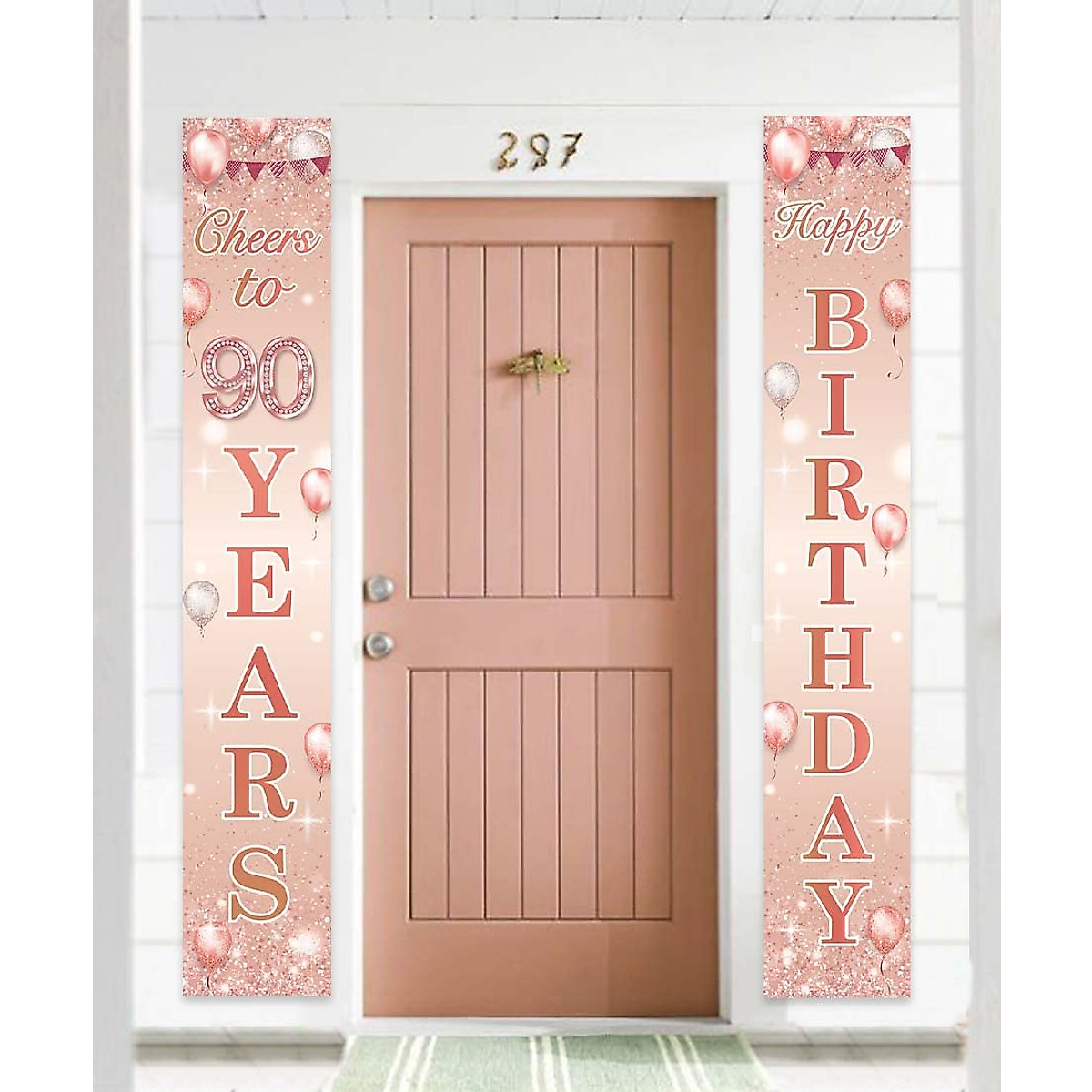 Happy Birthday Rose Gold Banner Cheers to 90 Years Backdrop Balloon Confetti Theme Decor Decorations for Front Door Porch Women 90th Birthday Party Pink Birthday Party Supplies Bday Favors Glitter