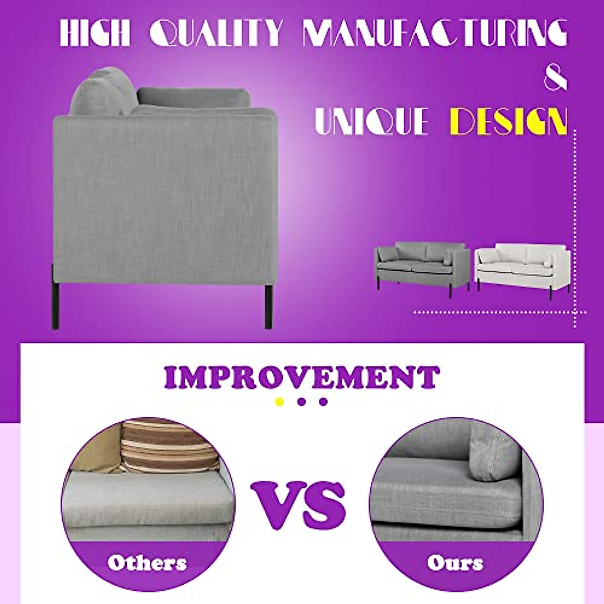 TYBOATLE Upholstered Modern Loveseat Sofa Couch with 2 Rectangular Pillows and Metal Legs, 55" W Fabric Comfy Couches for Living Room, Bedroom, Compact Small Space, Apartment, Office (Grey)