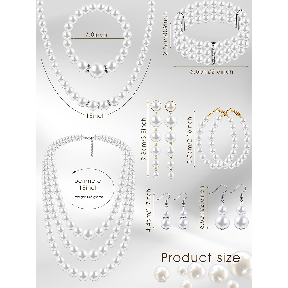 BBTO 8 Pcs Pearl Necklace and Earrings Set for Women Pearl Jewelry Set Faux Pearl Necklace Earrings Simulated Pearl Bracelets (Elegant Style)
