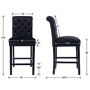 DM Furniture DM-Furniture Counter Height Barstools 26'' Velvet Bar Stools Modern Upholstered Kitchen Island Wood Chairs for Home Pub/Bistro/Coffee House (Set of 4, Black) Velvet, Black