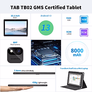 NORTH BISON Android Tablet, 10.1 Inch Android 13 Tablet, 6GB RAM 128GB ROM, 1TB Expand, Tablet with 8000mAh Long Battery,Tablet with Dual Camera, WiFi, Bluetooth, HD Touch Screen, GMS Certified-Black