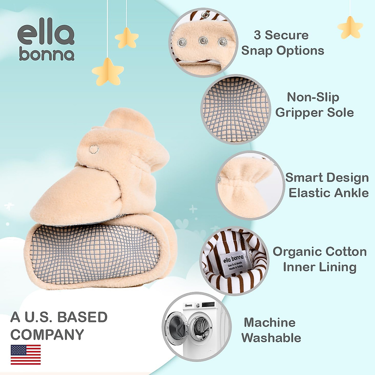 Ella Bonna Fleece Baby Booties, Three Snap Baby Slippers, Unisex Baby Gifts, Non-Slip Newborn Booties for Boys and Girls, Infant Baby Shower Shoes Months