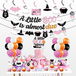 K KUMEED Pink Orange Halloween Baby Shower Decorations, A Little Boo is Almost Due Banner,Cute Ghost Baby's Bottle Cake Topper and Latex Balloons for Girls Little Boo Baby Shower Party Supplies