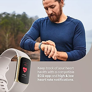 Fitbit Charge 5 Advanced Health & Fitness Tracker with Built-in GPS, Stress Management Tools, Sleep Tracking, 24/7 Heart Rate and More, Lunar White/Soft Gold, One Size (S &L Bands Included)