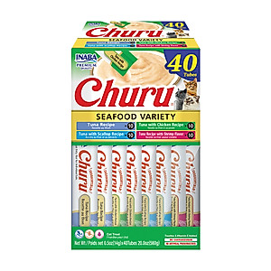 INABA Churu Cat Treats, Grain-Free, Lickable, Squeezable Creamy Purée Cat Treat/Topper with Vitamin E & Taurine, 0.5 Ounces Each, 40 Tubes, Tuna & Seafood Variety Box