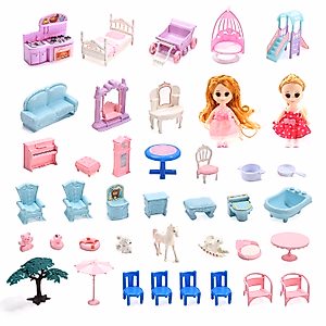 CUTE STONE Dollhouse, Doll House with Flashing Lights, Pretend Play Toddler Dollhouse Sets with 2 Dolls, Furniture, 8 Rooms and Doll Accessories, Creative Gift for Girls, L32 xH23