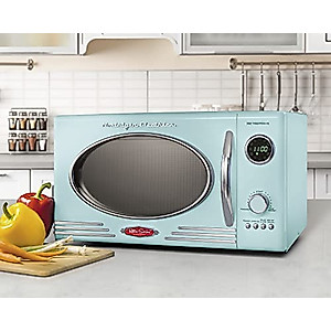 Nostalgia Retro Countertop Microwave Oven, 0.9 Cu. Ft. 800-Watts with LED Digital Display, Child Lock, Easy Clean Interior, Aqua & Retro Wide 2-Slice Toaster, Vintage Design With Crumb Tray, Aqua