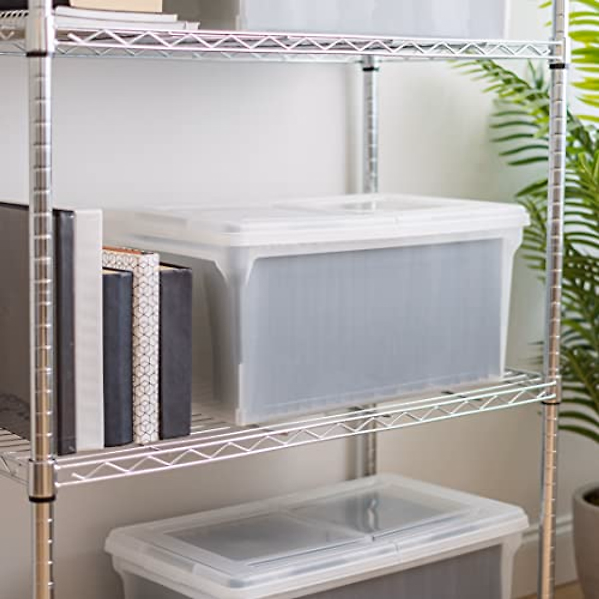 IRIS USA Letter/Legal File Tote Box, 5 Pack, BPA-Free Plastic Storage Bin Tote Organizer with Durable and Secure Hinged Latching Lid, Stackable and Nestable, Clear