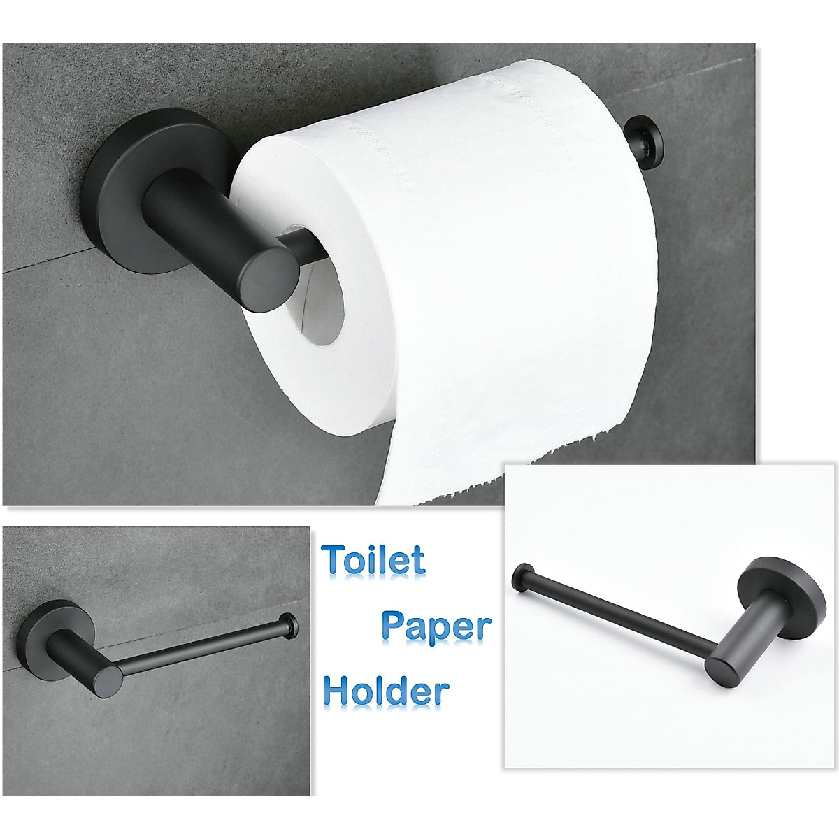 SHUNLI 5-Piece Bathroom Hardware Accessories Set Matte Black (Towel Bar Adjustable 16” to 26”, Toilet Paper Holder, Towel Ring, 2 PCS Towel Hook) Wall Mounted, SUS304 Stainless Steel