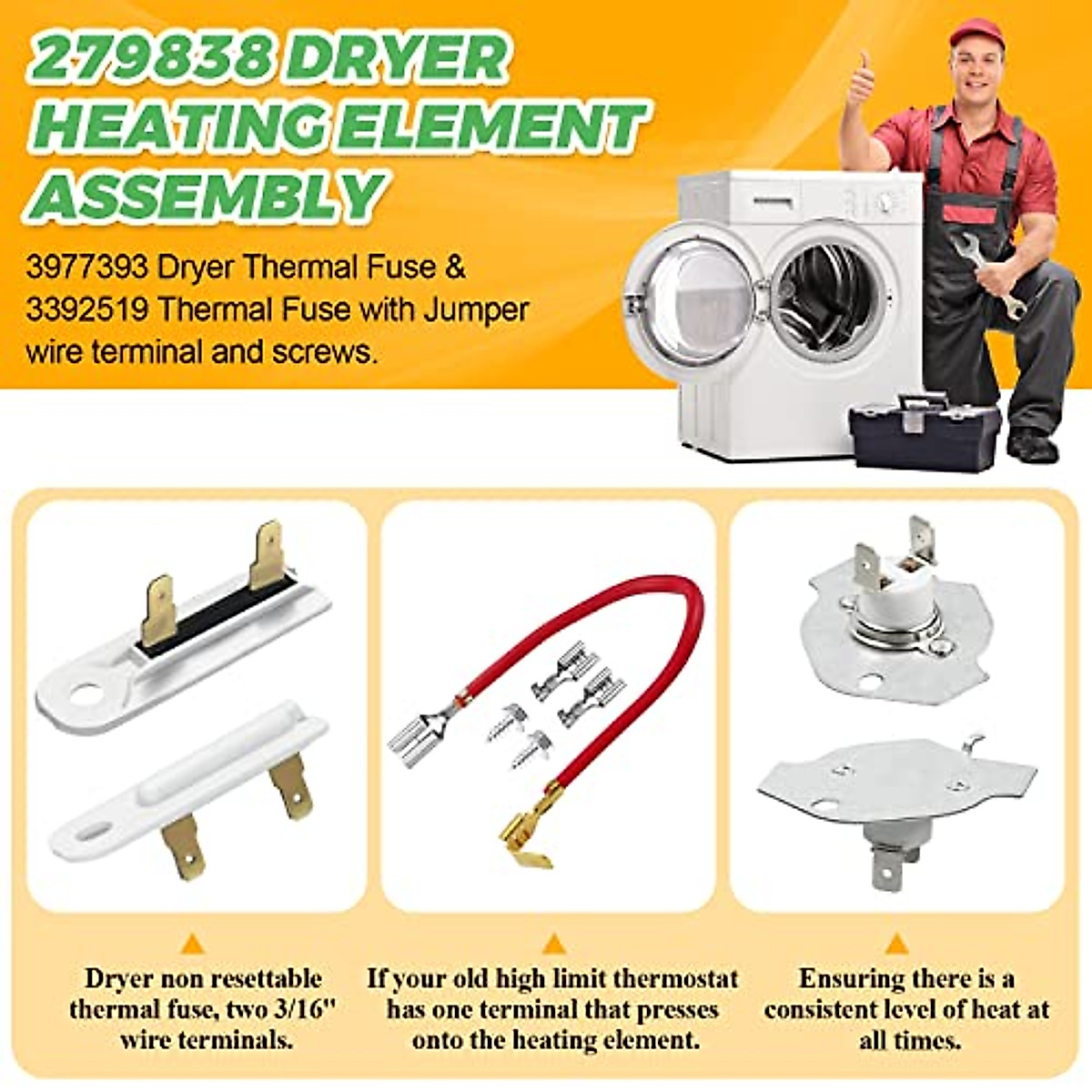 279838 W10724237 Dryer Heating Element Kit - Replacement for Whirlpool Maytag Kenmore Dryers - Includes 3977393 & 3392519 Thermal Fuse & 3977767 Dryer Thermostat & 3387134 Cycling Thermostat