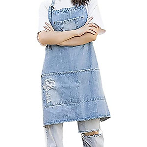 Jowcud Cotton Adjustable Bib Apron with 5 Pockets Cooking Kitchen Aprons Women Men Denim Jean Apron for Cafes Bars Kitchens