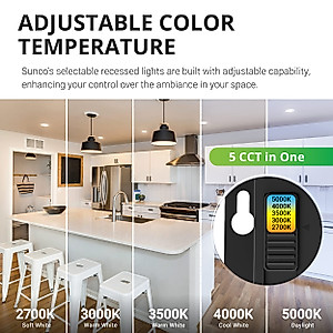 Sunco Lighting 6 Pack Recessed LED Lights Canless 4 Inch Eyeball Gimbal 12W, Selectable 2700K/3000K/3500K/4000K/5000K, Angled Directional Light with Jbox, Ultra Slim Dimmable, ETL