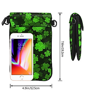 Women's Cell Phone Pouch Small Leather Crossbody Bags St Patricks Day Green Shamrock Clover Leaf Grass Black Printed Wallet Purses with Adjustable Strap Mini Shoulder Bag Card Holder Wallet
